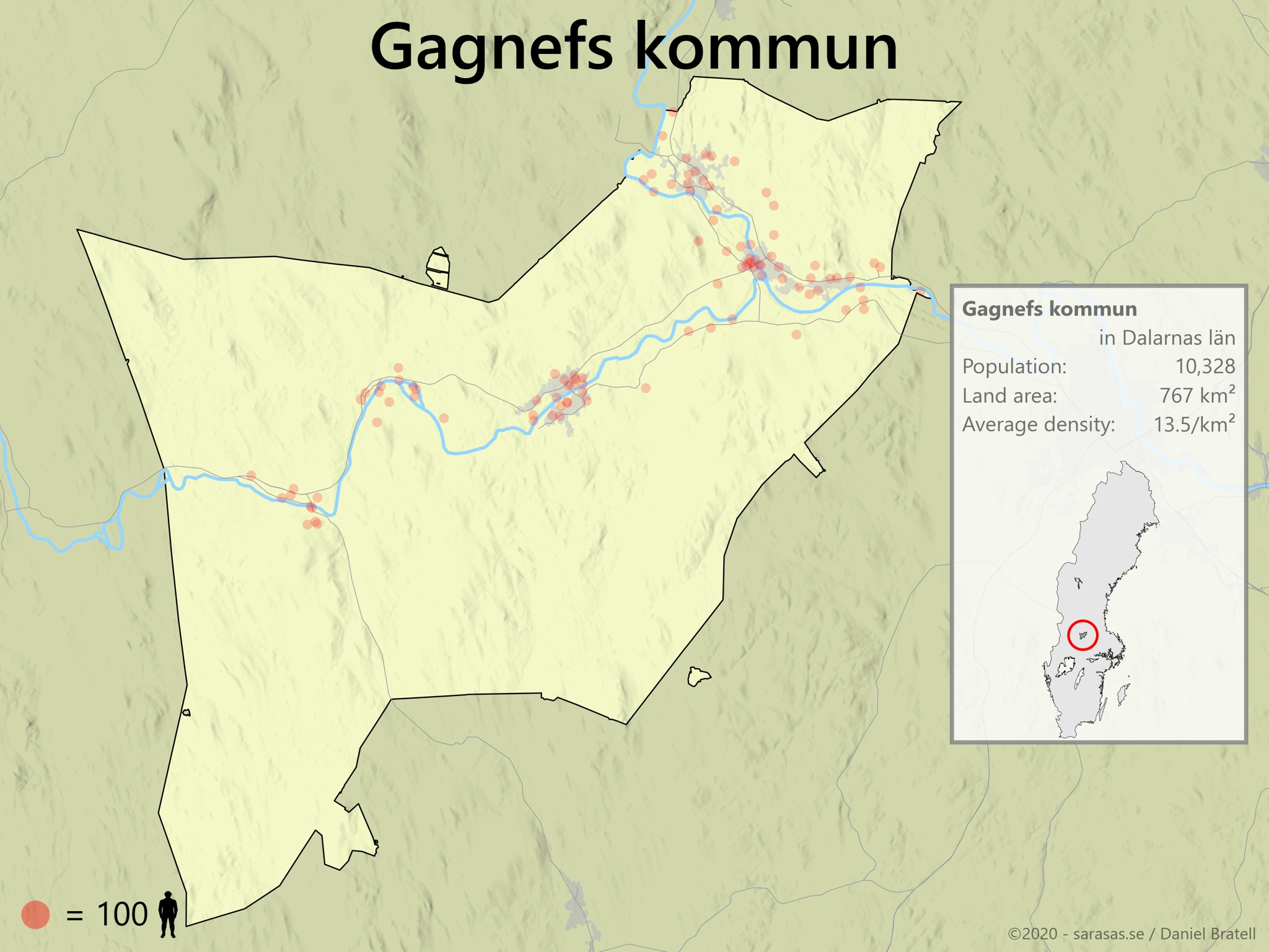 Gagnefs kommun poulation density map - Sarasas Maps