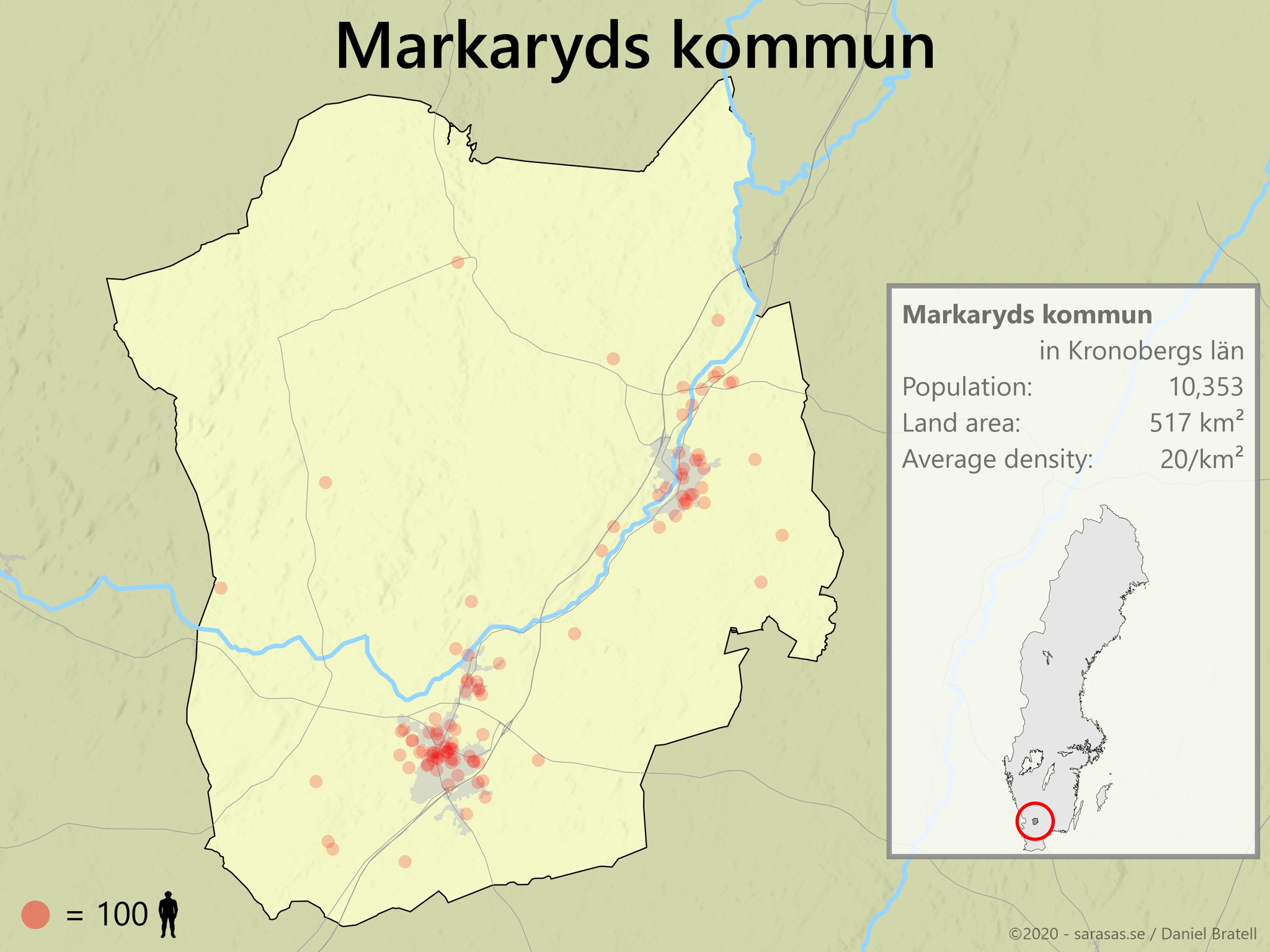 Markaryds kommun poulation density map - Sarasas Maps