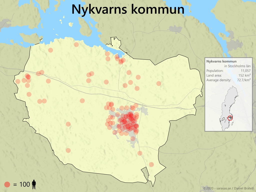 Nykvarns kommun poulation density map - Sarasas Maps