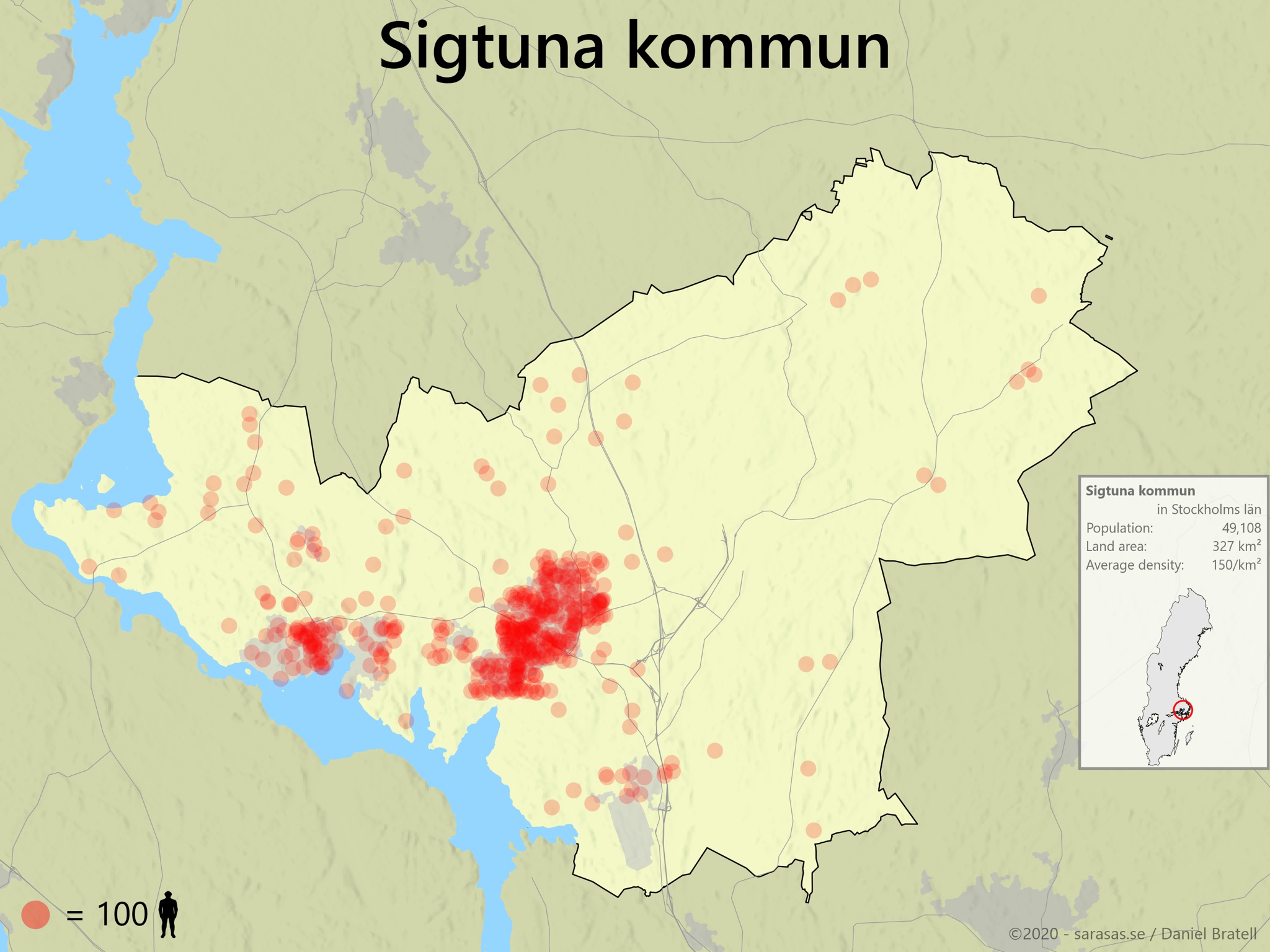 Sigtuna kommun poulation density map - Sarasas Maps