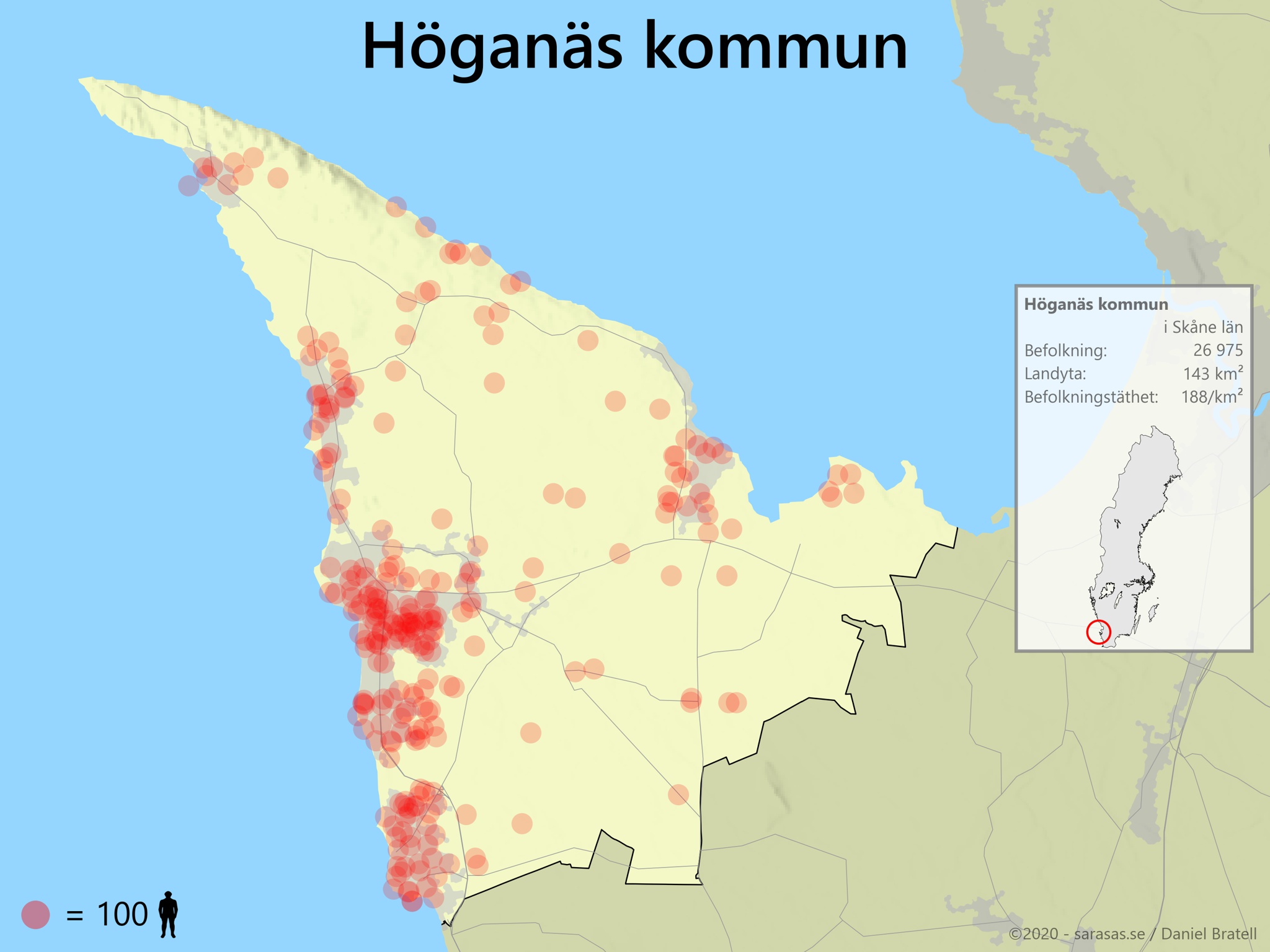 Höganäs kommun karta över befolkningstäthet - Sarasas Maps