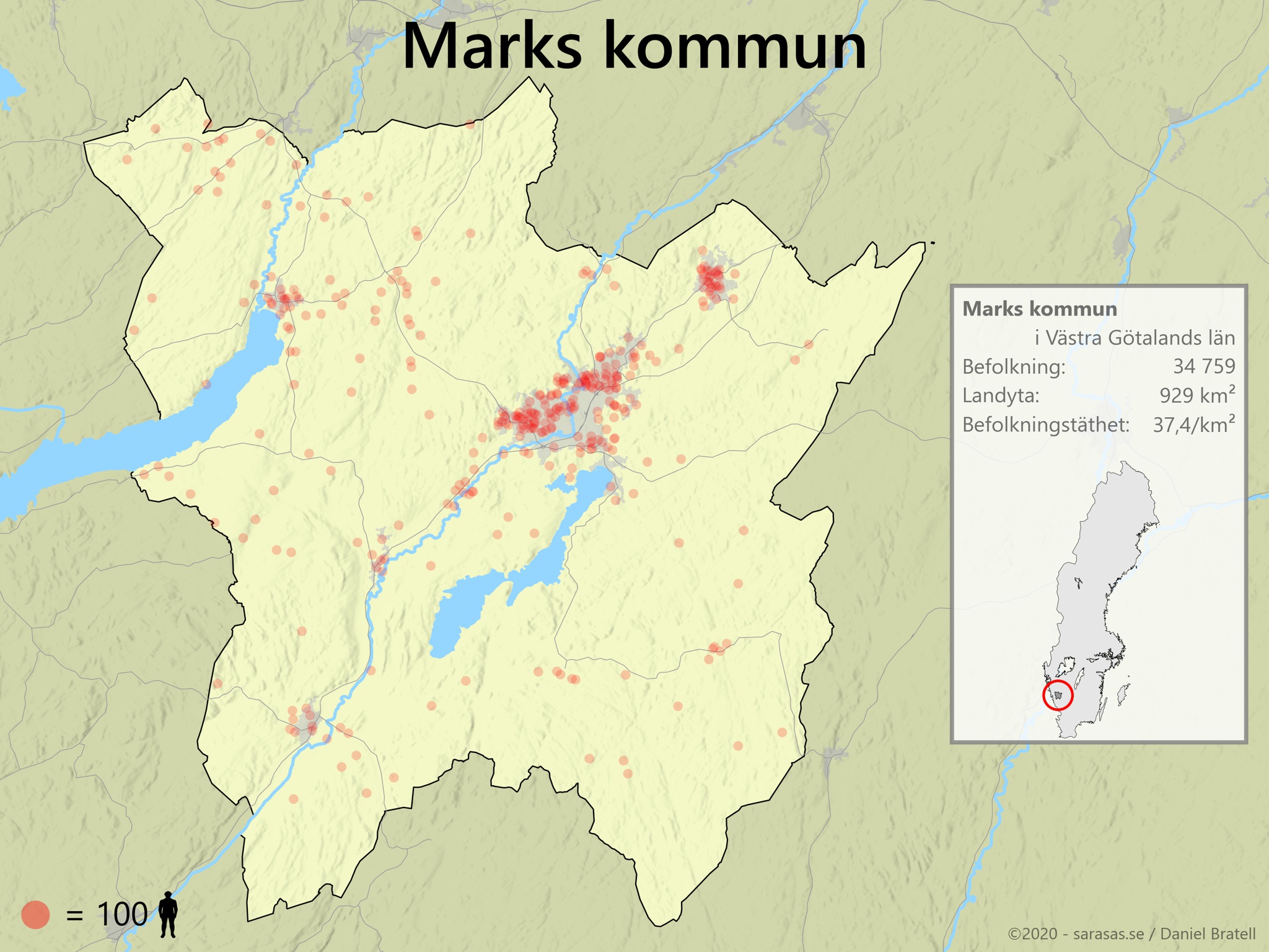 Marks kommun karta över befolkningstäthet - Sarasas Maps