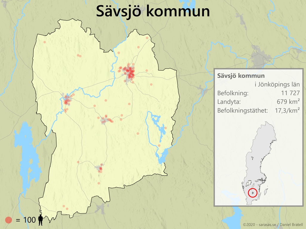 Sävsjö kommun karta över befolkningstäthet - Sarasas Maps