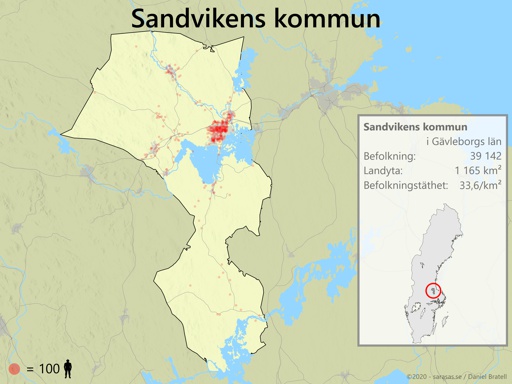 Sandvikens kommun karta över befolkningstäthet - Sarasas Maps