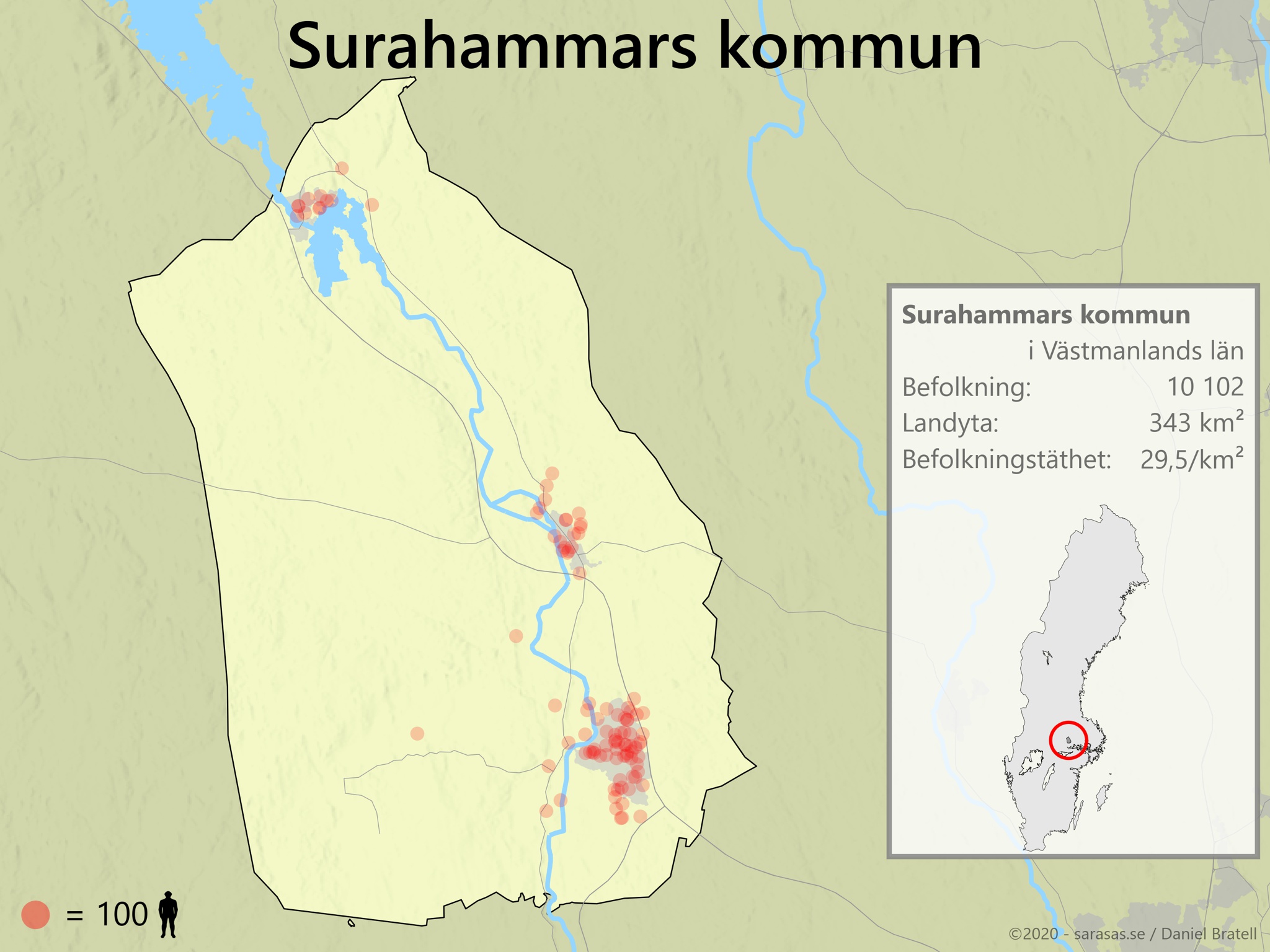 Surahammars kommun karta över befolkningstäthet - Sarasas Maps